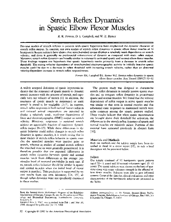 (PDF) Stretch reflex dynamics in spastic elbow flexor muscles