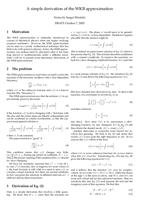 (PDF) A simple derivation of the WKB approximation