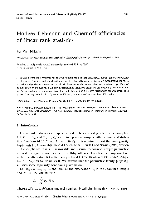 (PDF) Hodges-Lehmann and Chernoff efficiencies of linear rank statistics
