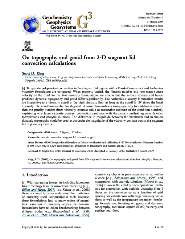 (PDF) On topography and geoid from 2-D stagnant lid convection calculations