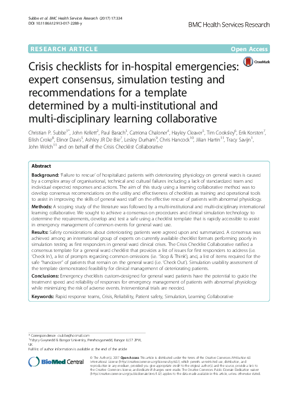 (PDF) Crisis checklists for in-hospital emergencies: expert consensus ...