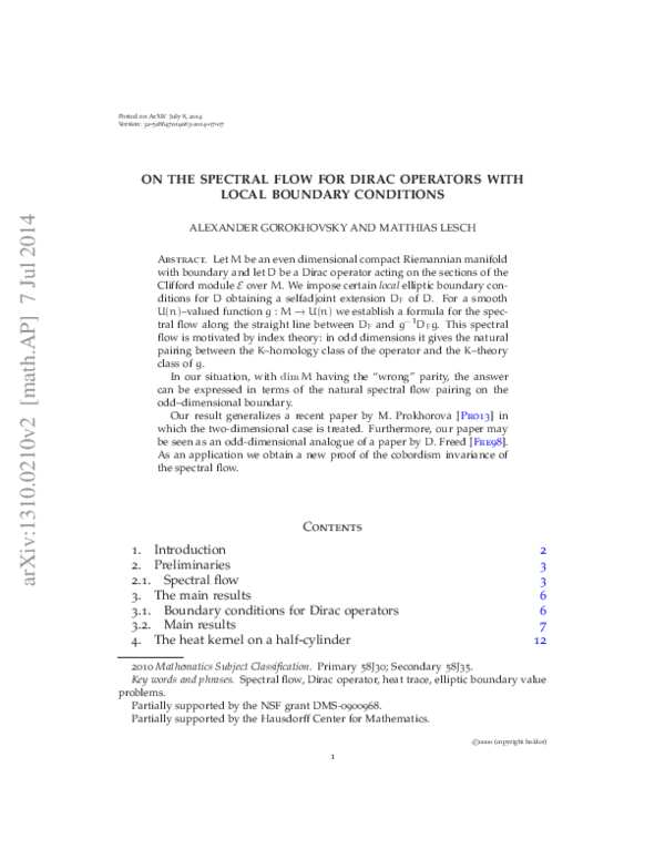 Pdf On The Spectral Flow For Dirac Operators With Local Boundary Conditions Alexander