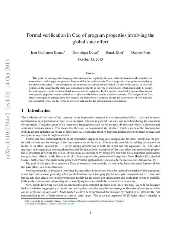 Pdf Formal Verification In Coq Of Program Properties Involving The Global State Effect Burak