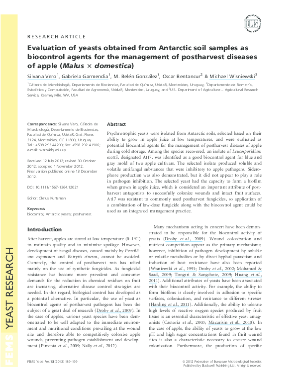 (PDF) Evaluation of yeasts obtained from Antarctic soil samples as biocontrol agents for the ...