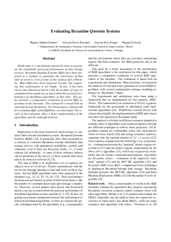 (PDF) Evaluating Byzantine Quorum Systems