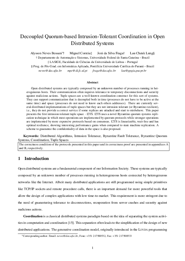 Pdf Decoupled Quorum Based Intrusion Tolerant Coordination In Open Distributed Systems