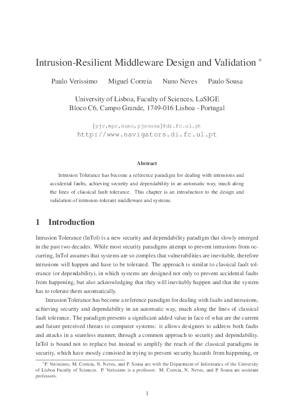 (PDF) Intrusion-Resilient Middleware Design and Validation | Miguel Correia - Academia.edu