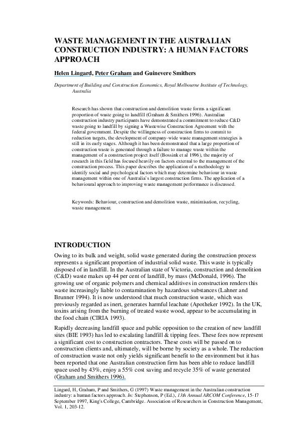 (PDF) Waste Management in the Australian Construction Industry: A Human ...