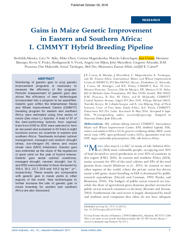(PDF) Masuka Genetic gain in CIMMYT ESA breeding pipeline i Hybrids ...