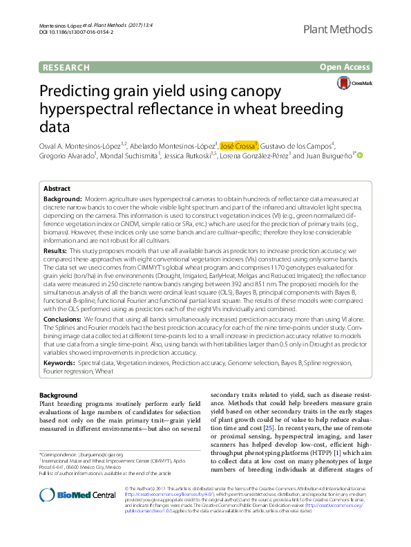 (PDF) Hyperspectral Reflectance in Wheat Yield Prediction