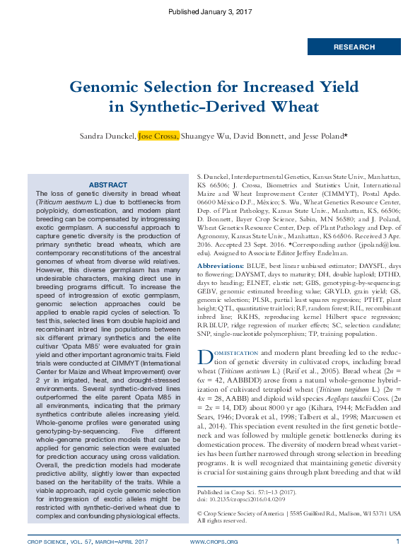 (PDF) Genomic Selection Boosts Yield in Synthetic Wheat Varieties