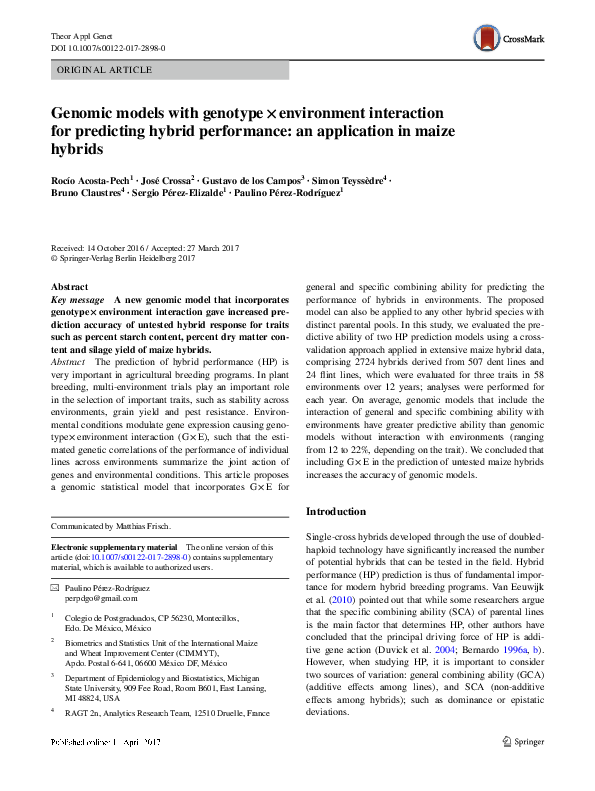 (PDF) Genomic models with genotype × environment interaction for predicting hybrid performance ...