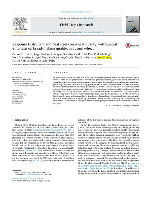 (PDF) Guzman C, 2016, Response to drought and heat stress on durum ...