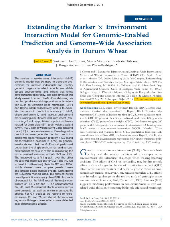 (PDF) Extending the MarkerÉnvironment Interaction Model for Genomic-Enabled Prediction and ...