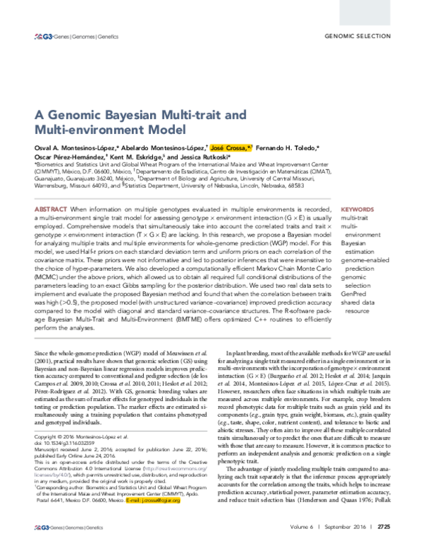 Pdf A Genomic Bayesian Multi Trait And Multi Environment Model Jose Crossa