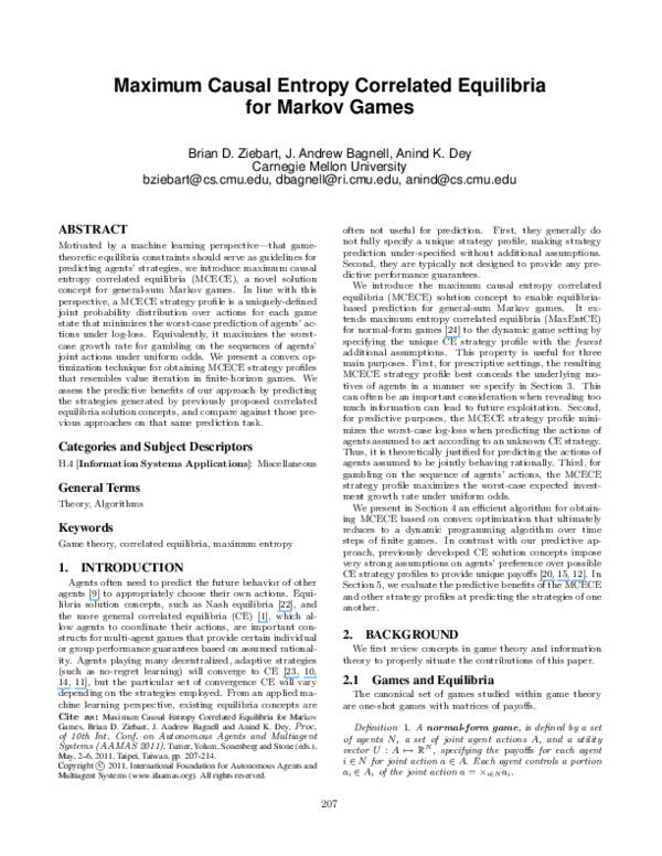(PDF) Maximum causal entropy correlated equilibria for Markov games