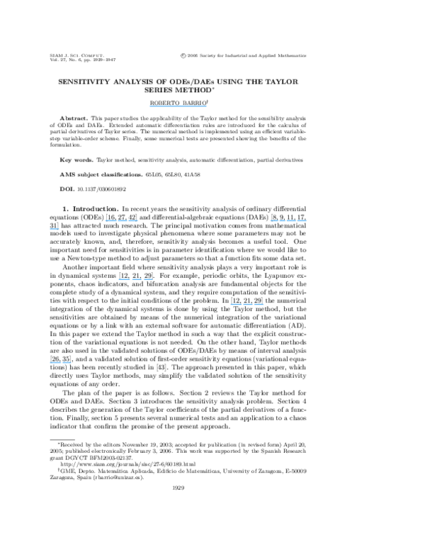 Pdf Sensitivity Analysis Of Odesdaes Using The Taylor Series Method