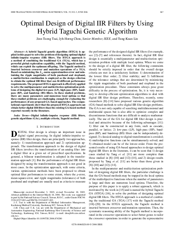 (PDF) Optimal design of digital IIR filters by using hybrid taguchi genetic algorithm