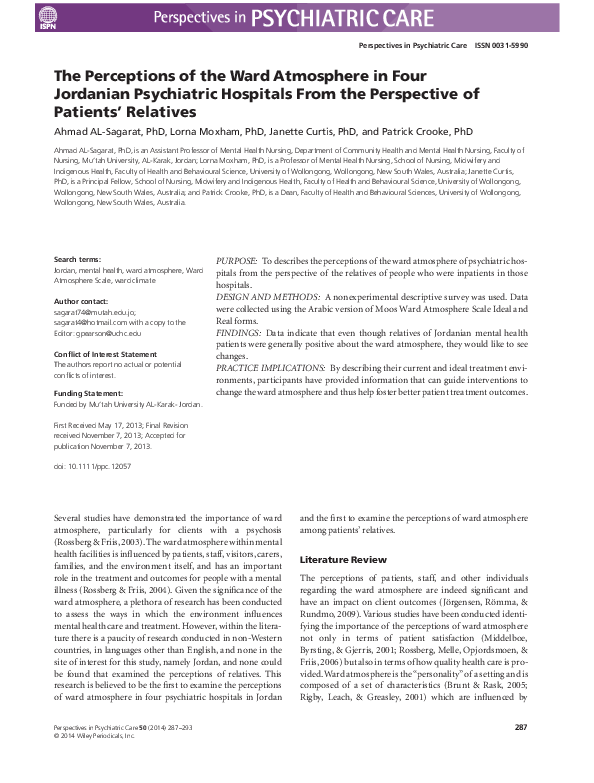 (PDF) The Perceptions of the Ward Atmosphere in Four Jordanian ...