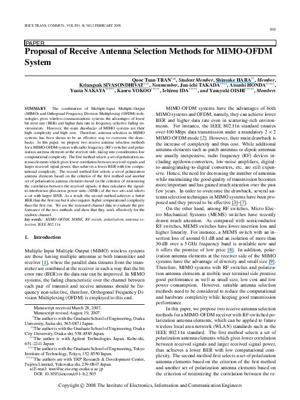 Pdf Proposal Of Receive Antenna Selection Methods For Mimo Ofdm System