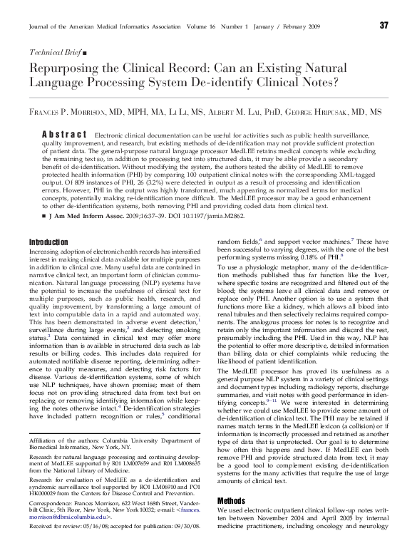 (PDF) Repurposing the Clinical Record: Can an Existing Natural Language ...
