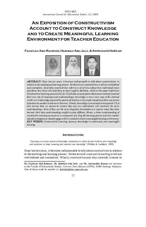 (PDF) An Exposition of Constructivism Account to Construct Knowledge and to Create Meaningful ...