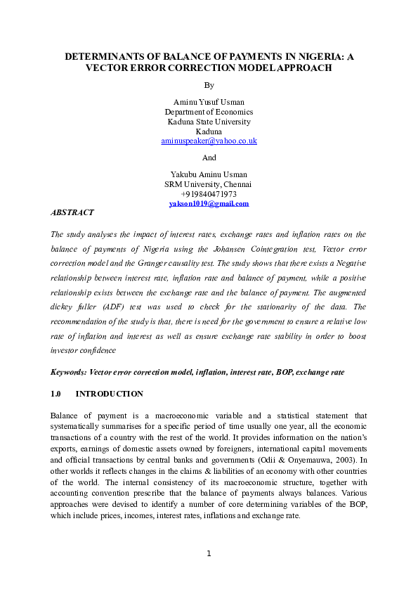 Doc Determinants Of Balance Of Payments In Nigeria A Vector Error