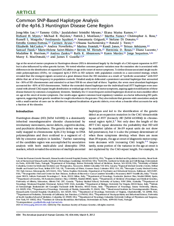(PDF) Common SNP-Based Haplotype Analysis of the 4p16.3 Huntington ...
