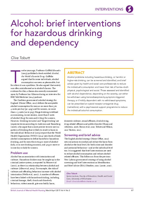 (PDF) Alcohol: brief interventions for hazardous drinking and dependency