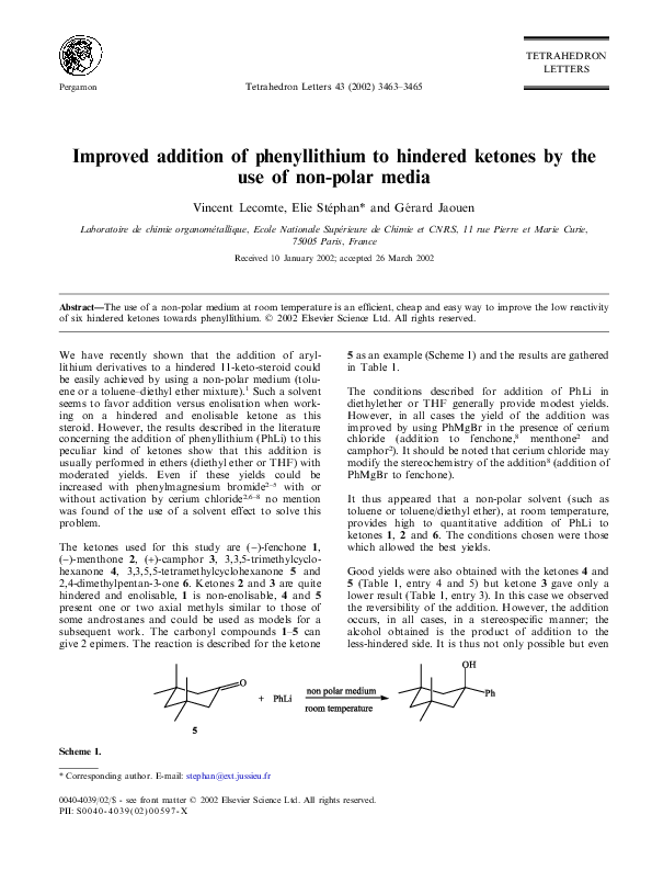Improved addition of phenyllithium to hindered ketones by the use of ...