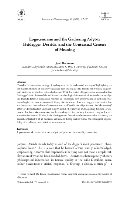 (PDF) Logocentrism and the Gathering Logos: Heidegger, Derrida, and the ...