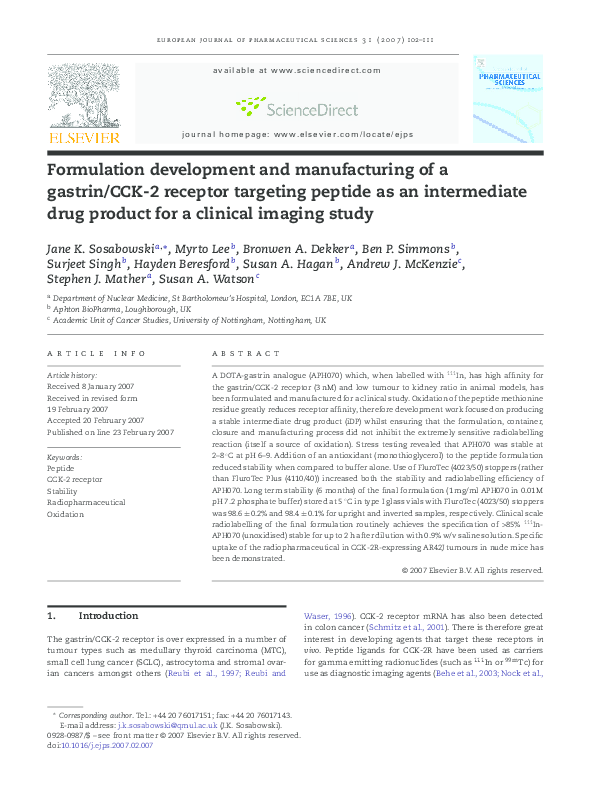 (PDF) Formulation development and manufacturing of a gastrin/CCK-2 ...