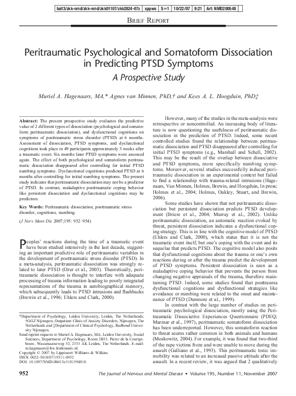 (PDF) Peritraumatic psychological and somatoform dissociation in ...