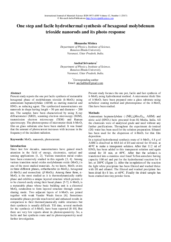 (PDF) One step and facile hydrothermal synthesis of hexagonal ...