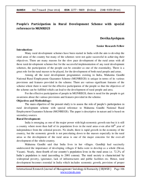 (PDF) People's Participation in Rural Development Scheme with special ...