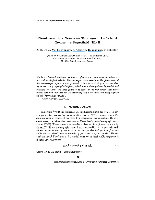 (PDF) Non-linear Spin Waves on Topological Defects of Texture in Superfluid 3He-B