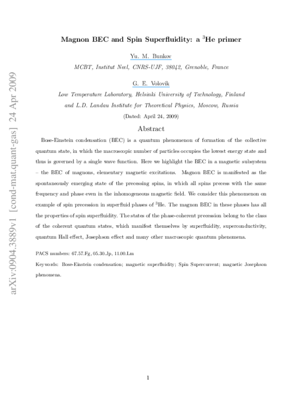 (PDF) Magnon BEC and Spin Superfluidity: a 3He primer