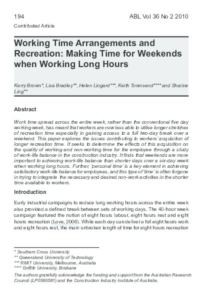(PDF) Working time arrangements and recreation: making time for weekends when working long hours