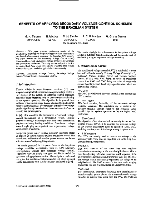 (PDF) Benefits of applying secondary voltage control schemes to the Brazilian system | Marcelos ...