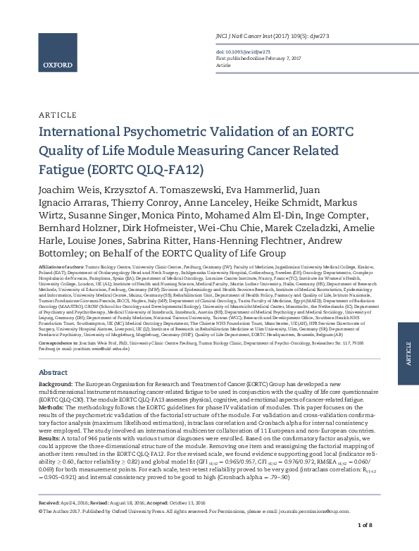 (PDF) International Psychometric Validation of an EORTC Quality of Life Module Measuring Cancer ...
