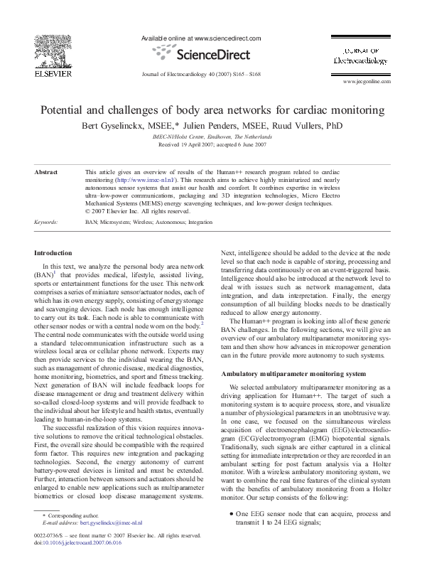 (PDF) Potential and challenges of body area networks for cardiac monitoring