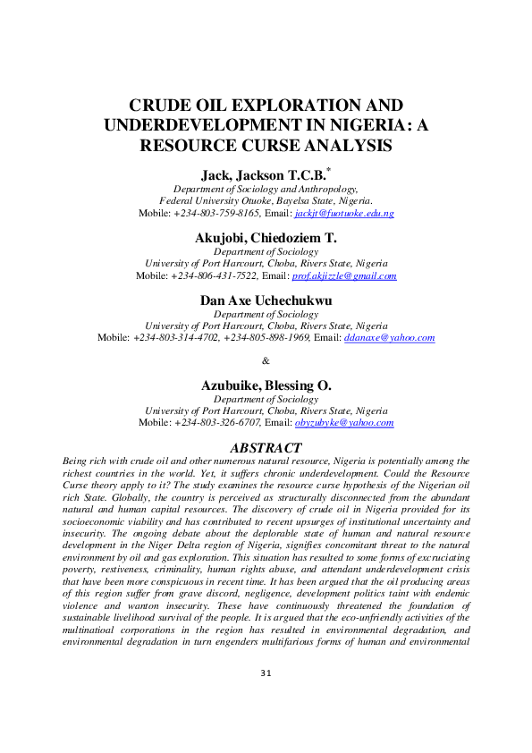 (PDF) CRUDE OIL EXPLORATION AND UNDERDEVELOPMENT IN NIGERIA: A RESOURCE ...
