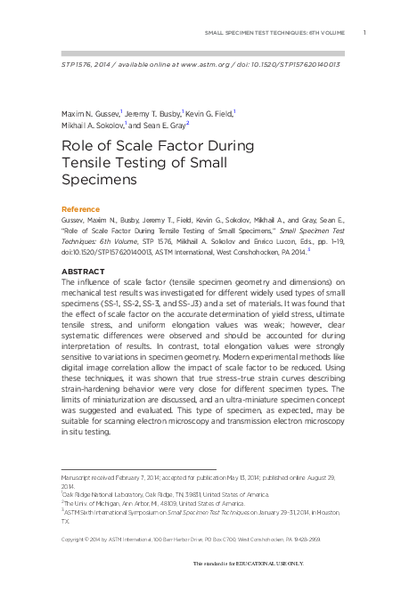 (PDF) Role of Scale Factor During Tensile Testing of Small Specimens