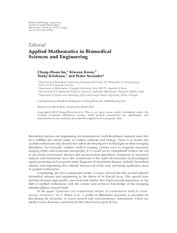 (PDF) Applied Mathematics in Biomedical Sciences and Engineering