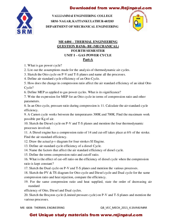 (PDF) ME 6404 – THERMAL ENGINEERING QUESTION BANK-BE (MECHANICAL ...
