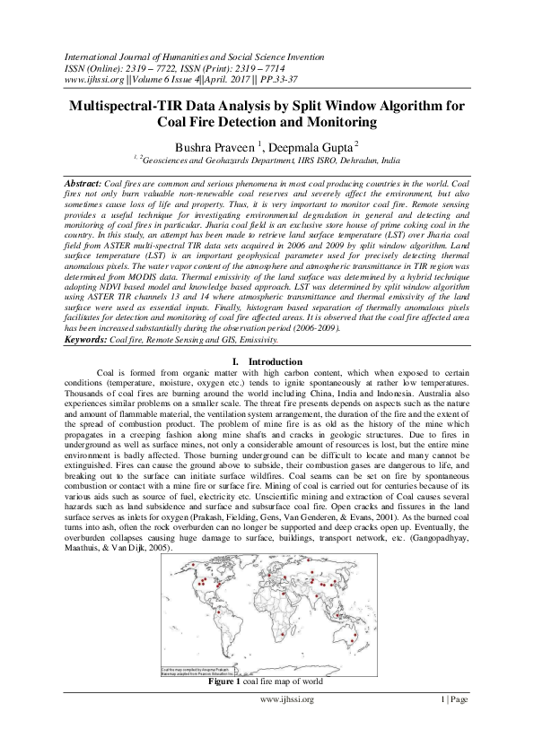 (PDF) Multispectral-TIR Data Analysis by Split Window Algorithm for Coal Fire Detection and ...