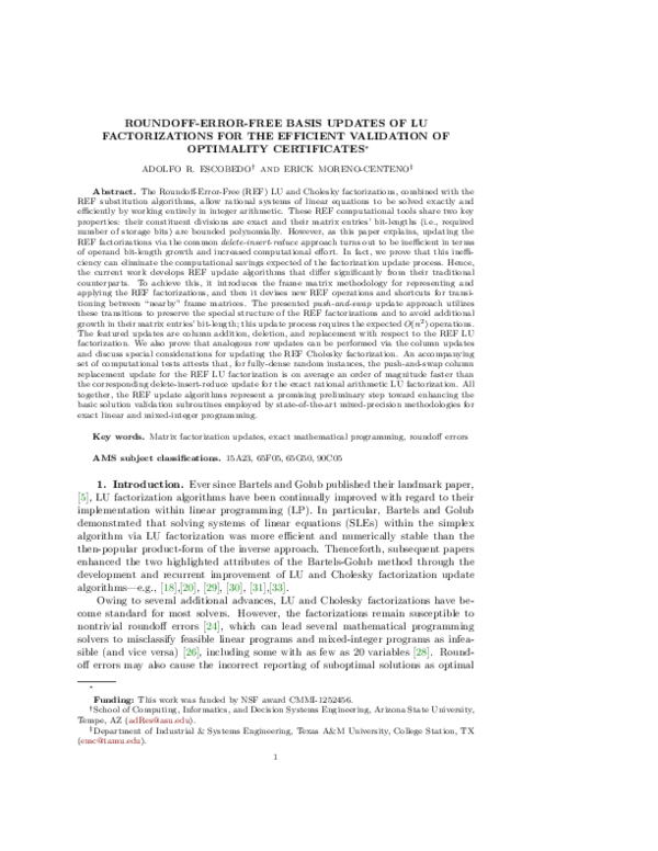 Pdf Roundoff Error Free Basis Updates Of Lu Factorizations For The Efficient Validation Of