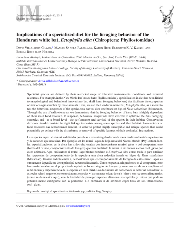 (PDF) Implications of a specialized diet for the foraging behavior of ...