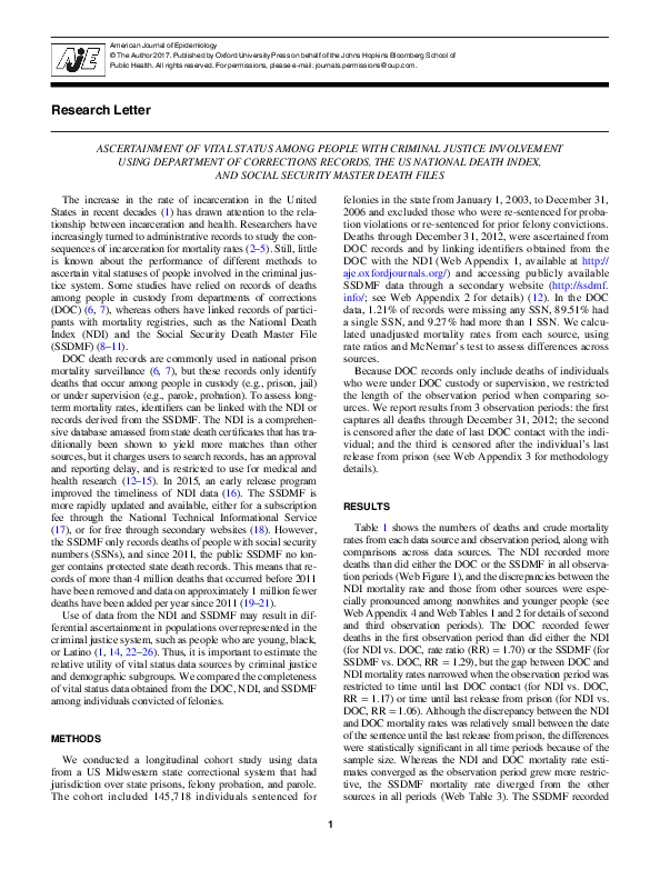(PDF) Ascertainment of Vital Status Among People With Criminal Justice ...