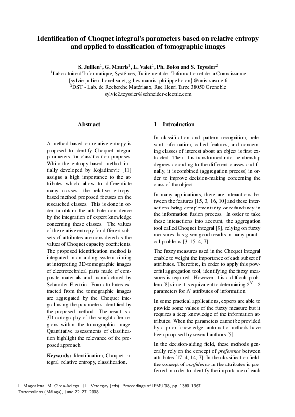(PDF) Identification of Choquet integral's parameters based on relative entropy and applied to ...